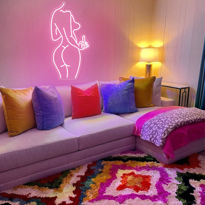 Woman Body Shape With Middle Finger Neon Sign